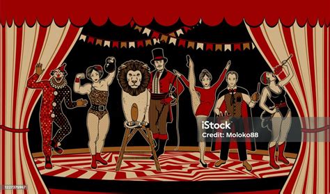 사자 조련사 광대 서커스 강한 여자 서커스 마술사 서커스 화재 먹는 사람 체조 소녀 벡터 그림입니다 서커스 오락 행사에 대한 스톡 벡터 아트 및 기타 이미지 Istock
