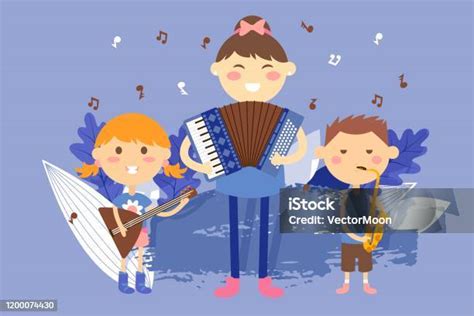 악기를 연주하는 어린이 벡터 그림 키즈 만화 캐릭터 학교 음악 밴드 공연 아코디언 발랄라이카와 색소폰을 연주 하는 소년과 소녀