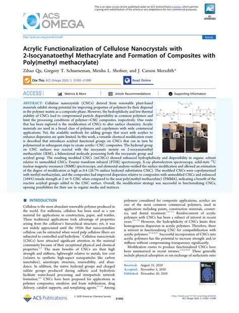 Pdf Acrylic Functionalization Of Cellulose Nanocrystals With 2 Isocyanatoethyl Methacrylate