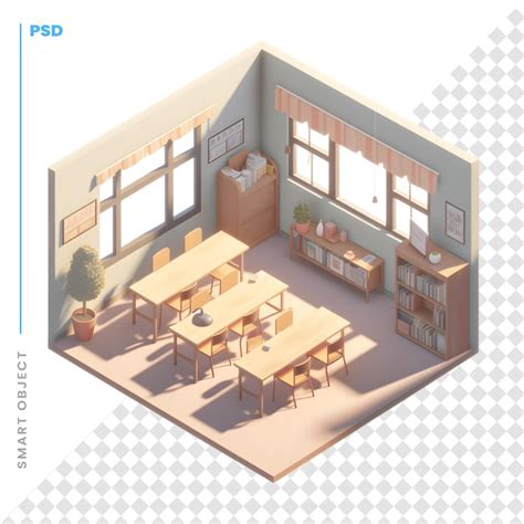 카페 아이소메트릭 뷰 3d 렌더링의 내부 프리미엄 Psd 파일