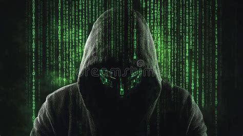 Male Hacker With The Hood Green Code Characters And Digits Like A