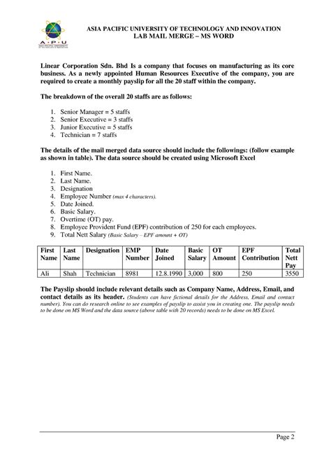 MS Word Mail Merge Activity Page ASIA PACIFIC UNIVERSITY OF TECHNOLOGY AND INNOVATION LAB