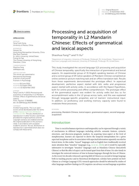 Processing And Acquisition Of Temporality In L2 Mandarin Chinese Effects Of Grammatical And