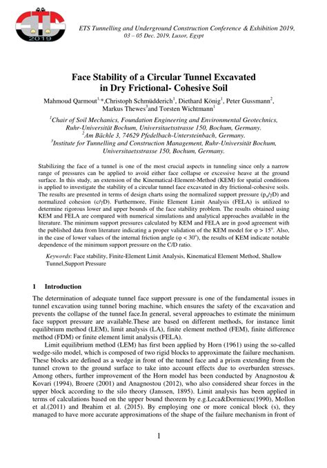 PDF Face Stability Of A Circular Tunnel Excavated In Dry Frictional Cohesive Soil