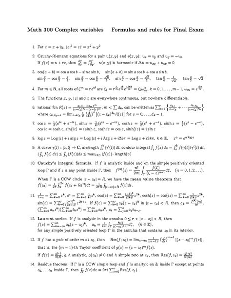 Final Formulas Formula Sheet Math 300 Complex Variables Formulas