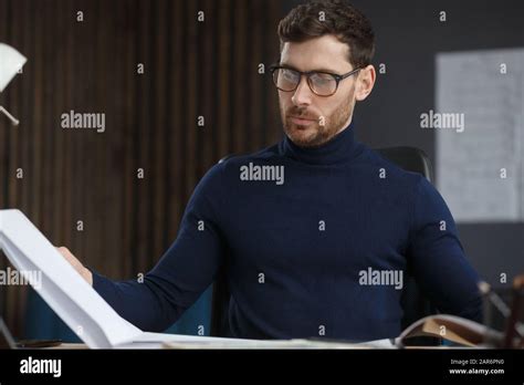 Architect Working In Office With Blueprintsengineer Inspect Architectural Plan Sketching A