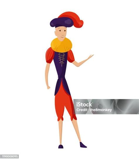 중세 패션 빈티지 드레스 르네상스 의류 벡터 남자 캐릭터입니다 역사적인 왕실 의상 일러스트 흰색 배경에 고립 된 예술 의상 천을