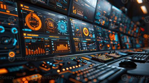 High Tech Control Room With Glowing Screens Displaying Data Analytics And Statistics 55371081