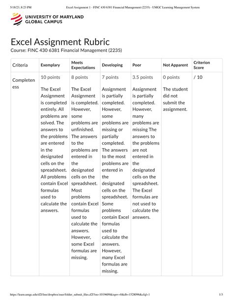 Solution Excel Assignment 1 Finc 430 6381 Financial Management 2235 Umgc Learning Management
