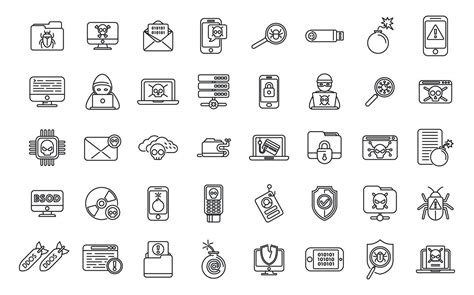 Malware Icons Set Outline Vector Cyber Attack 12332398 Vector Art At Vecteezy