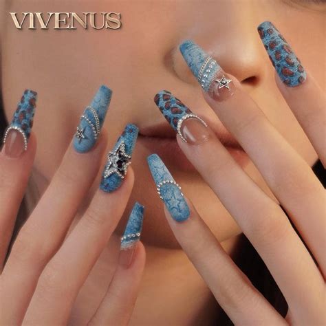 Y2k Cowgirl Press On Nails Leopard Denim Rhinestone Star Accents Etsy