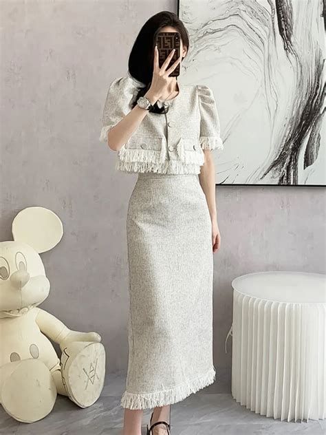 하이 스트리트 스몰 향수 2 피스 세트 여성 짧은 재킷 코트 스커트 세트 우아한 패션 태슬 2 피스 수트 여름 Aliexpress