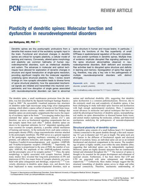 Pdf Plasticity Of Dendritic Spines Molecular Function And Dysfunction In Neurodevelopmental