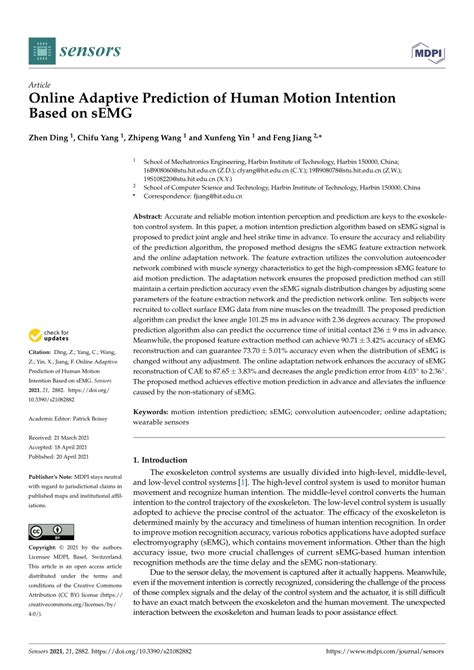 Pdf Online Adaptive Prediction Of Human Motion Intention Based On Semg