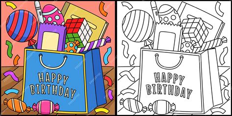 생일 물건 가방 컬러링 페이지 일러스트레이션 프리미엄 벡터