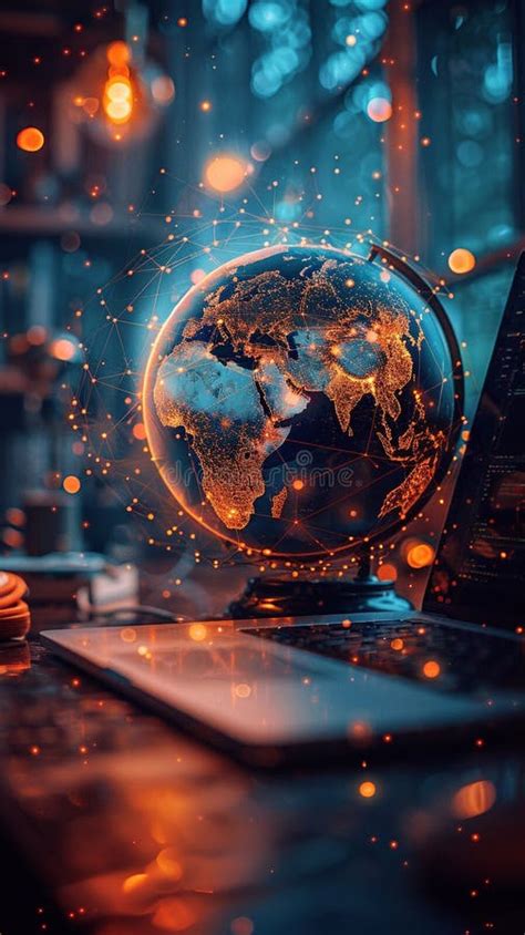 Laptop With Glowing Globe And Coding Screen On Wooden Table Stock Image