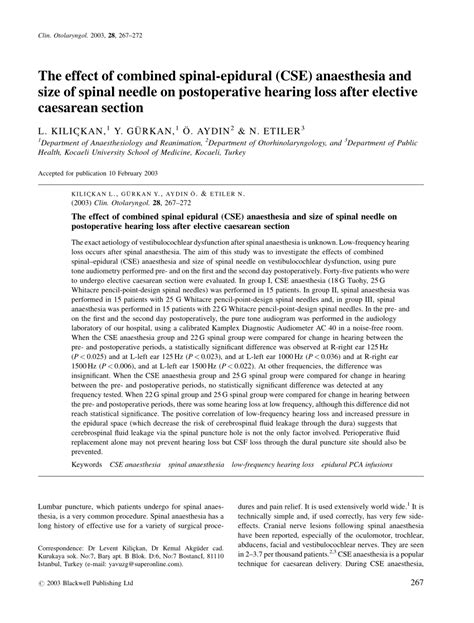 Pdf The Effect Of Combined Spinal Epidural Cse Anaesthesia And Size Of Spinal Needle On