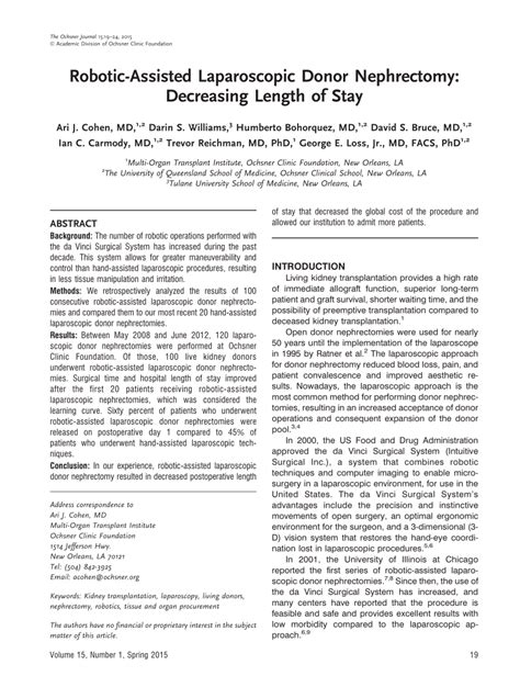 Pdf Robotic Assisted Laparoscopic Donor Nephrectomy Decreasing Length Of Stay
