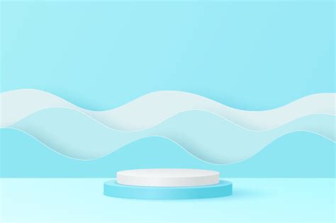 아쿠아 블루 3d 실린더 받침대 연단은 레이어드 물결 모양 배경이 있는 제품 디스플레이를 위한 것입니다 벡터 기하학적 최소 벽