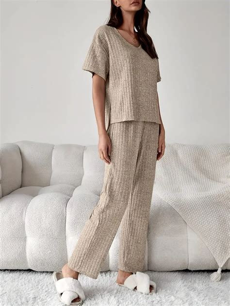 Solid Ribbed Lounge Set Short Sleeve Crew Neck Top Elastic Temu New Zealand