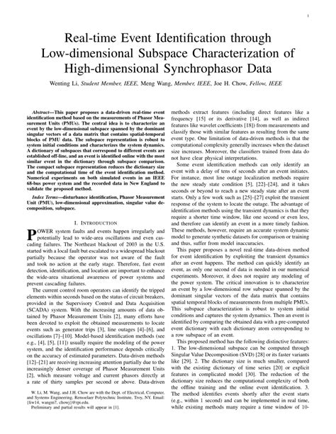 Pdf Real Time Event Identification Through Low Dimensional Subspace