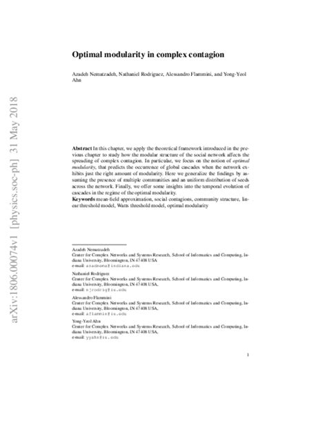 Pdf Optimal Modularity In Complex Contagion