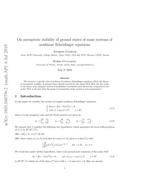 PDF On Asymptotic Stability Of Ground States Of Some Systems Of Nonlinear Schr Odinger Equations