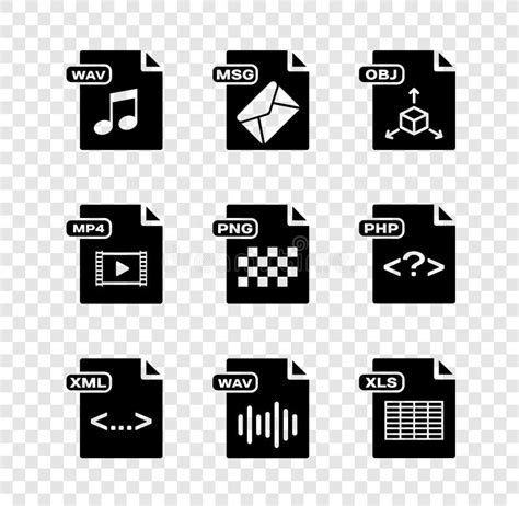 Set Wav File Document Msg Obj Xml Xls Mp4 And Png Icon Vector