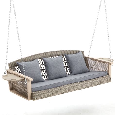 Homrest Outdoor 3 Seater Wicker Porch Swing With Cushions And