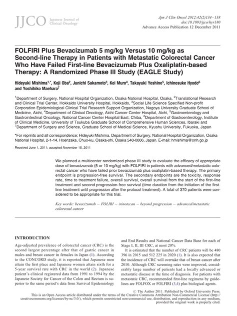 Pdf Folfiri Plus Bevacizumab 5 Mgkg Versus 10 Mgkg As Second Line Therapy In Patients With