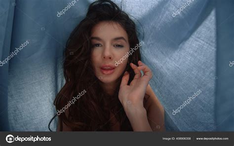 Sexy Woman Posing Under Sheet Bed Pretty Girl Looking Camera Textile Background Stock Photo By