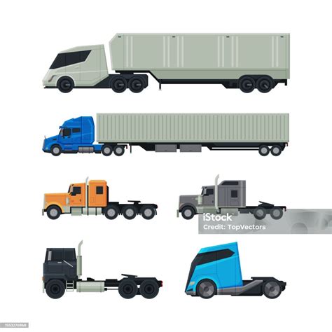 화물 트랙터 트레일러 트럭은 중장비 견인 엔진 측면도 벡터 세트로 사용됩니다 개체 그룹에 대한 스톡 벡터 아트 및 기타 이미지 개체 그룹 건강관리와 의술 견인