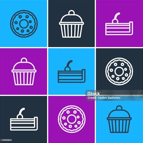 세트 라인 도넛 체리 치즈 케이크 및 케이크 아이콘입니다 벡터 고풍스런에 대한 스톡 벡터 아트 및 기타 이미지 고풍스런 과일 단면도 Istock