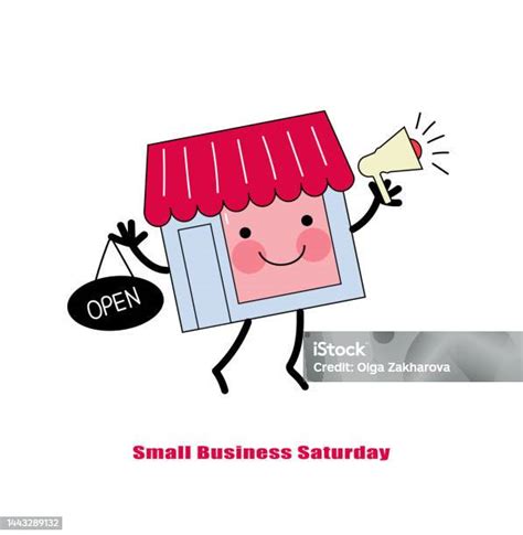 메가폰과 사인이 열린 재미있는 상점 캐릭터 토요일 중소기업 행사 벡터 낙서 만화 평면 그림 배너 포스터 소셜 미디어용 전단지 소기업에 대한 스톡 벡터 아트 및 기타 이미지