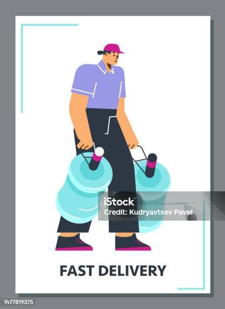 2갤런의 깨끗한 물을 운반하는 물 배달원 포스터 템플릿 평면 벡터 삽화 정제된 음료수 아쿠아의 플라스틱 또는 유리병을 배달하는