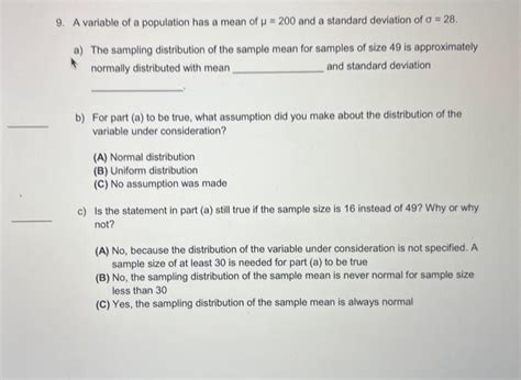 Solved 9 A Variable Of A Population Has A Mean Of μ 200 And