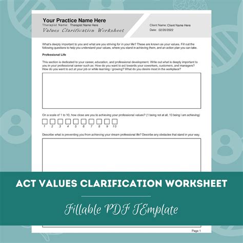 Act Values Clarification Worksheet Editable Fillable Pdf For Counselors Psychologists