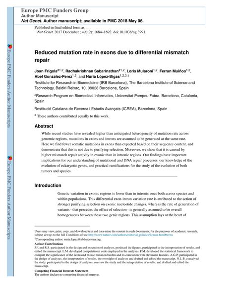 Pdf Reduced Mutation Rate In Exons Due To Differential Mismatch Repair
