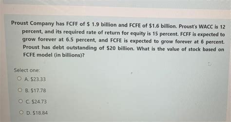 Solved Proust Company Has Fcff Of 1 9 Billion And Fcfe Of