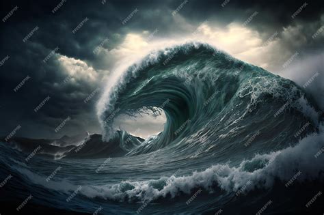 묵시적인 극적인 배경 거대한 쓰나미 파도 디지털 일러스트 작품 프리미엄 사진