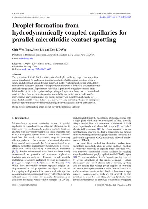 Pdf Droplet Formation From Hydrodynamically Coupled Capillaries For