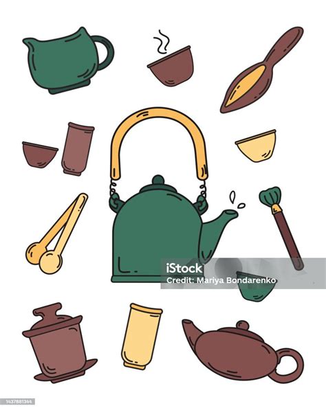 전통적인 동양 차를 마시기 위한 아이템 세트 찻주전자 가이완 마시는 그릇 지아 츠 집게 찻주전자 브러시 중국차에 대한 스톡 벡터