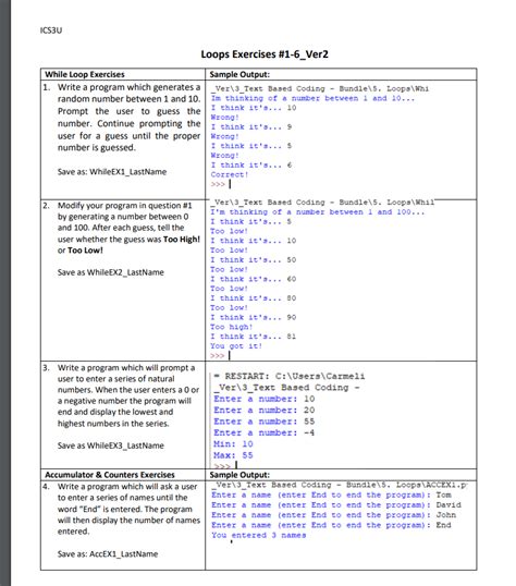 Solved Ics3u Loops Exercises 1 6ver2 While Loo Solutioninn