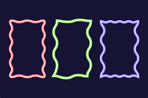 물결 모양의 테두리 프레임 구불구불한 가장자리 사각형 네온 칼라의 가리비 모양 복고풍 그루비 미적 요소 벡터 유행 그림입니다 포스터 및 초대장을 위한 90년대 디자인
