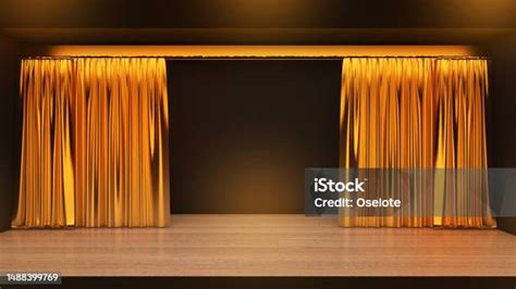 금색 커튼이 있는 검은색 배경에 나무 받침대 제품 프레젠테이션을 위한 연단 조롱 3d 렌더링 0명에 대한 스톡 사진 및 기타 이미지 Istock