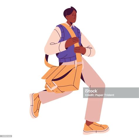서두르는 흑인 남성 급한 사업에 빠르게 가고 있습니다 바쁜 사람이 서두르고 일에 늦습니다 야외에서 달리는 가방을 든 아프리카계 미국인 학생 흰색 배경에 격리된 평면 벡터