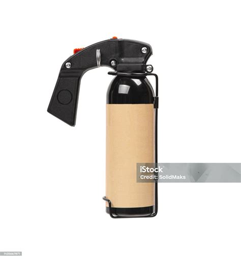 흰색 배경에 분리된 대형 스프레이캔 블랙 스프레이 병 컬러 버튼 자기 방어를위한 후추 스프레이 개념에 대한 스톡 사진 및 기타