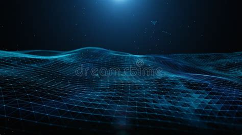 Abstract Blue Digital Particles Lines And Dots Connection Wave Flow Digital Data Network