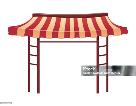 거리 시장 캐노피 만화 벡터 일러스트 야외 박람회 수크 스트라이프 빈 텐트 상업 키오스크 플랫 컬러 오브젝트 흰색 배경에 격리된 마켓플레이스 빈 차양 0명에 대한 스톡 벡터