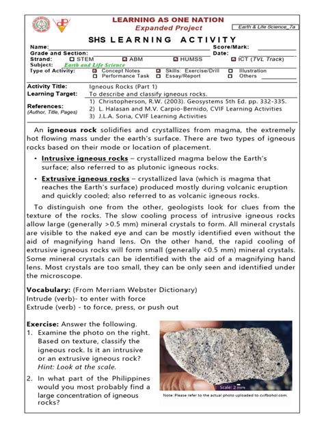 Earth And Life Science Las 7a Igneous Rocks 1 Pdf Igneous Rock Rock Geology